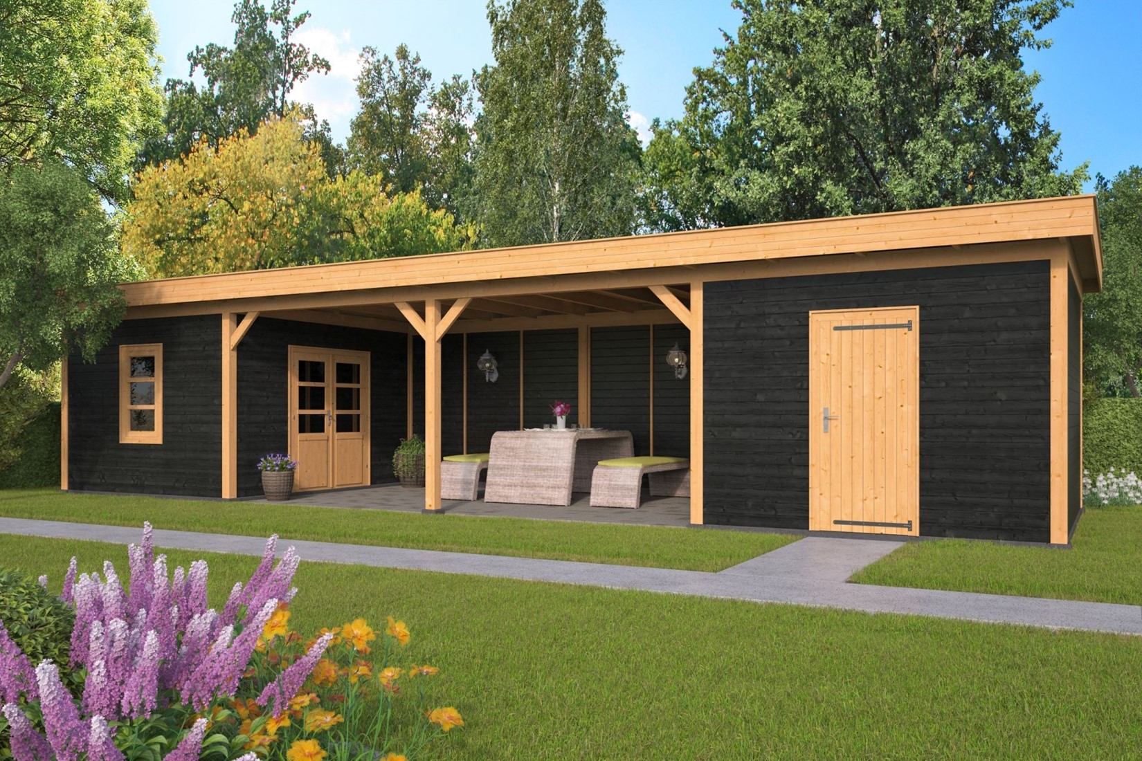 Overkapping plat dak Oslo | Type 12 XL | 1300x430cm | zwart Bos-hout